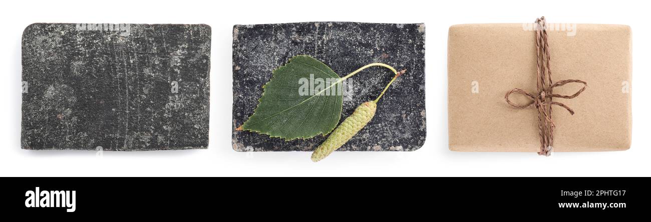 Set with tar soap bars on white background, top view. Banner design ...