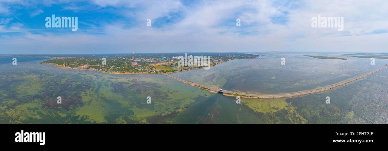 Aerial view of coast of Jaffna and old military fortress in Sri Lanka ...