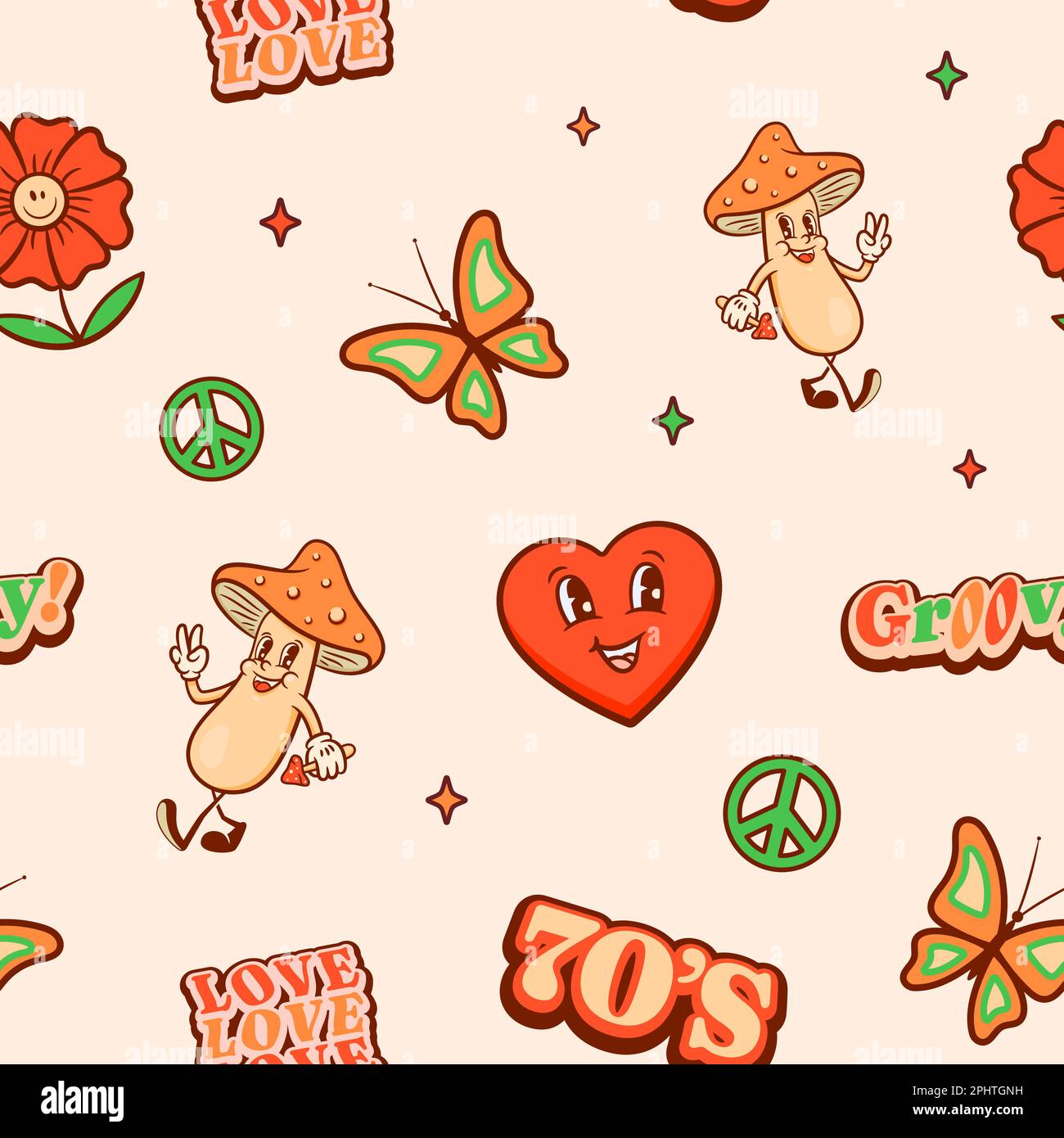 Groovy retro cartoon characters seamless pattern. Happy fly agaric mushroom, heart, flower ...