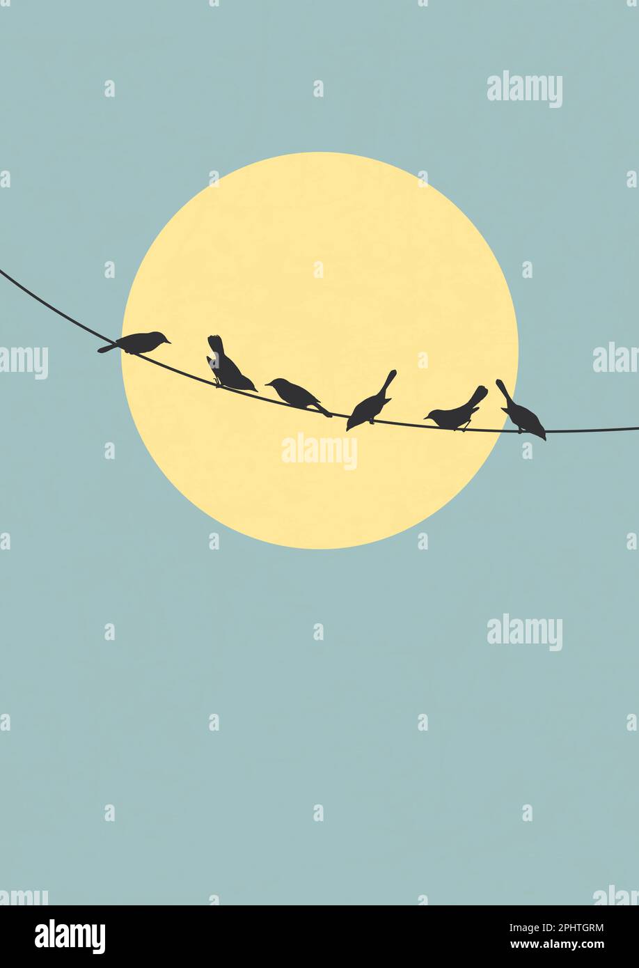 Birds on wires aesthetic illustration poster. Sun in the blue sky ...