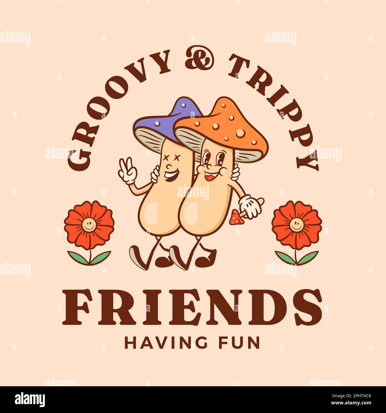 Groovy and trippy retro cartoon characters greeting card. Happy fly ...