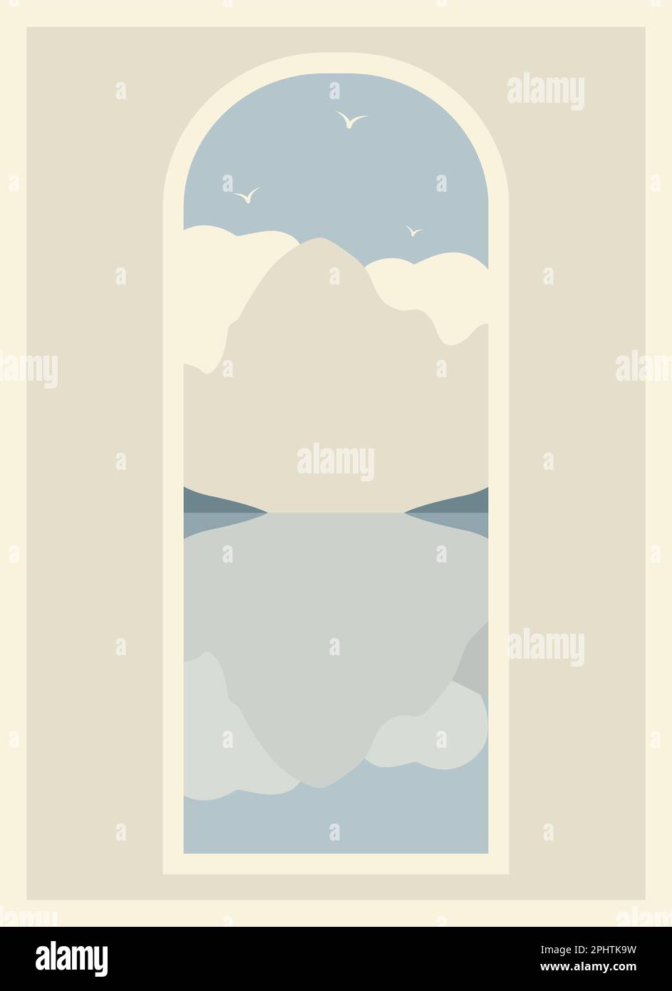 Minimalistic mountains landscape window view illustration poster. Mid ...