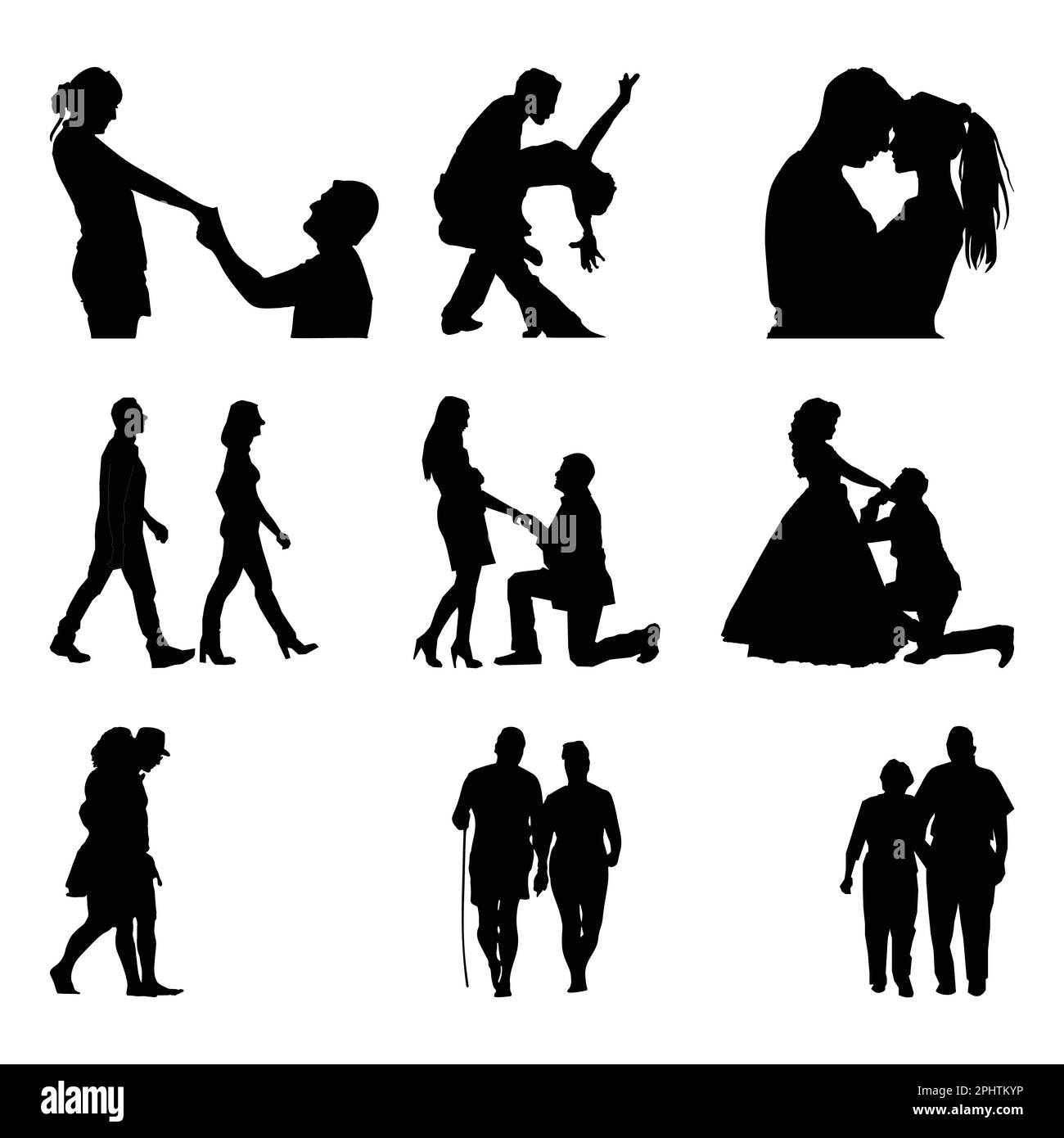Black silhouettes of couples on a white background. Vector illustration ...