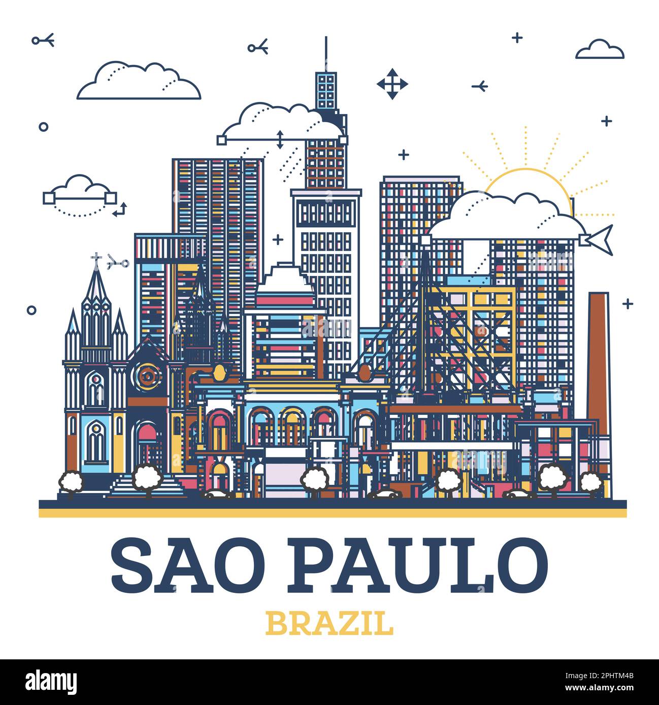 Outline Sao Paulo Brazil City Skyline with Modern Colored Buildings ...