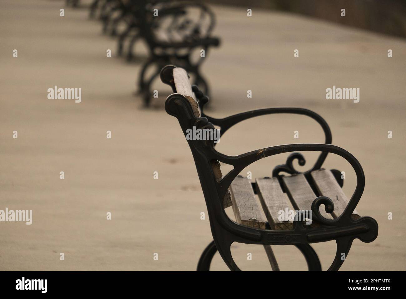 Empty bench from side. Lonely depression concept background. Selective ...