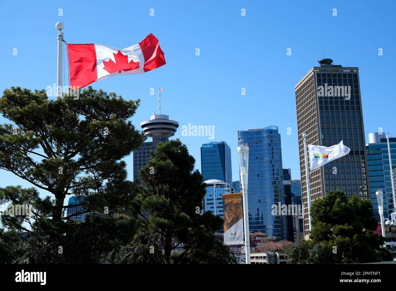 National Canadian Flag Overlay. Canada Place and commercial buildings ...