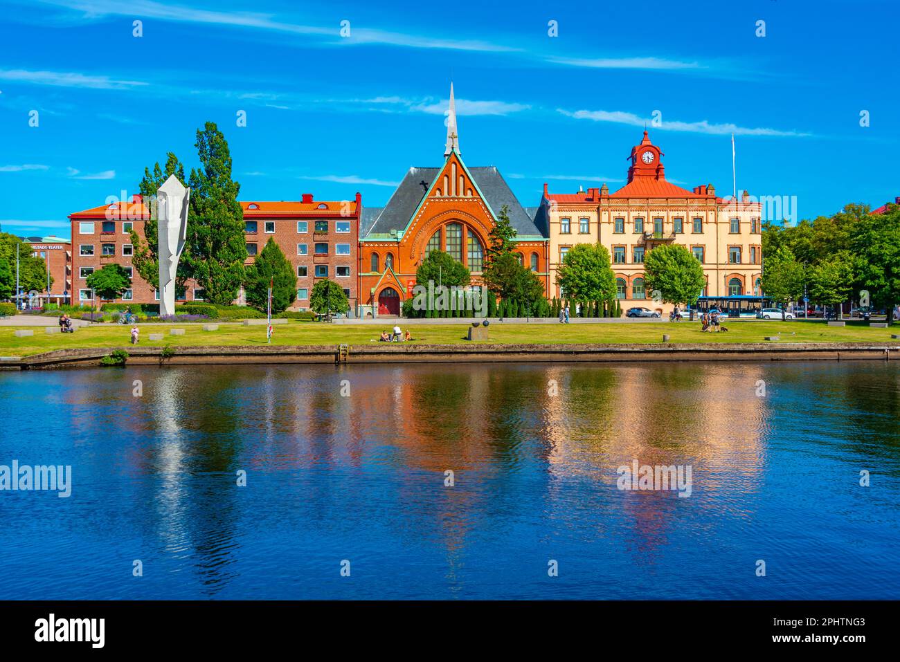 Statue of a woman at Picasso park and Immanuel church in Swedish town ...