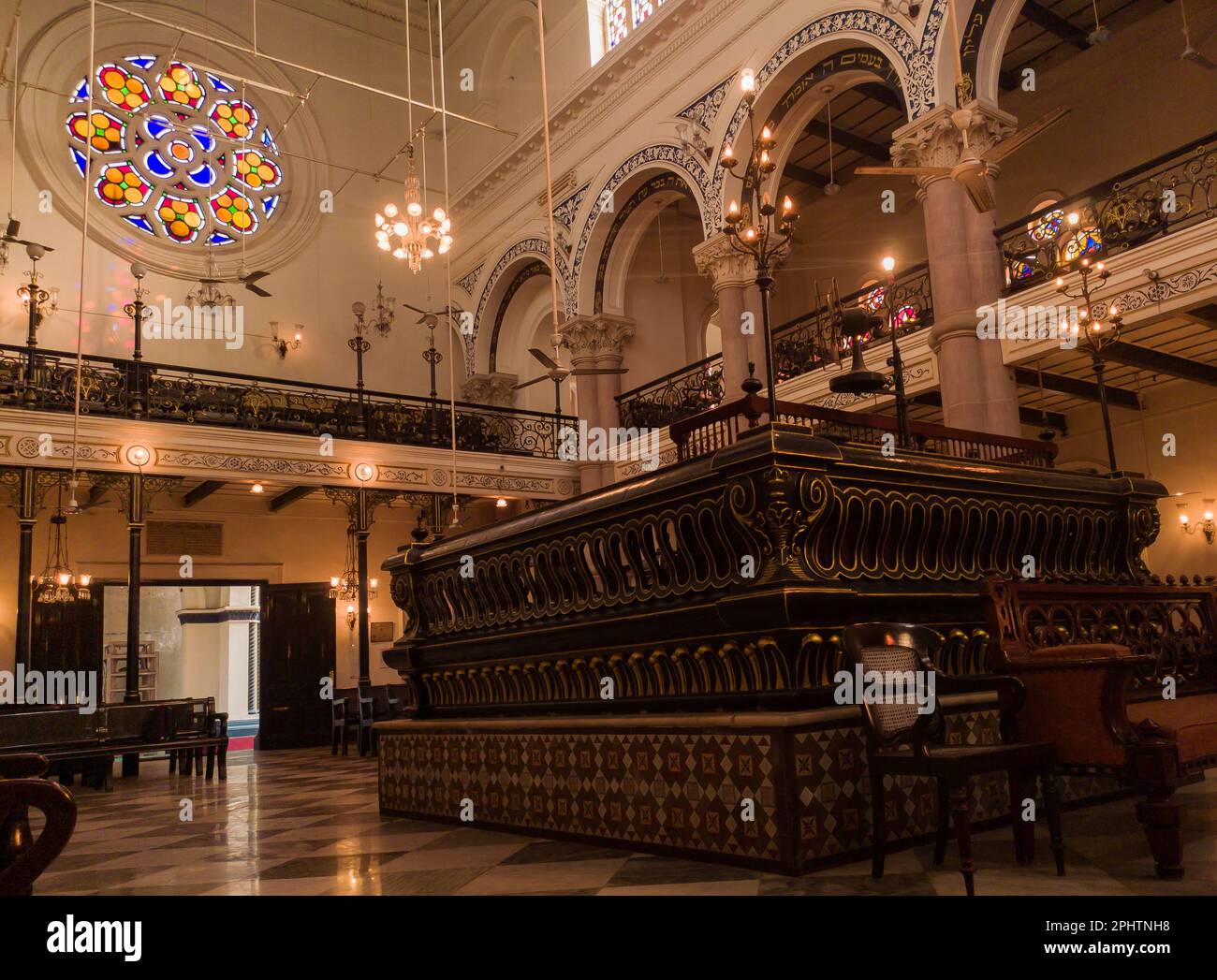 Interior of a synagogue with bimah in middle. Synagogue is Jewish house ...