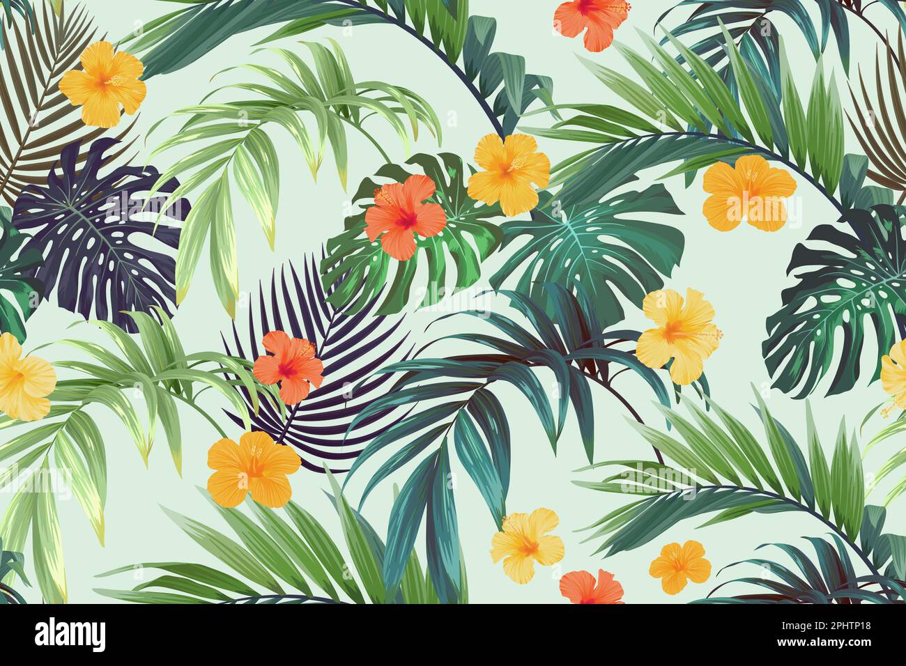 Tropical pattern with green palm leaves and hibiscus flowers. Summer ...