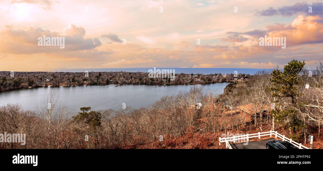 Skyline view of sunrise over Scargo lake and the ocean from the Scargo ...