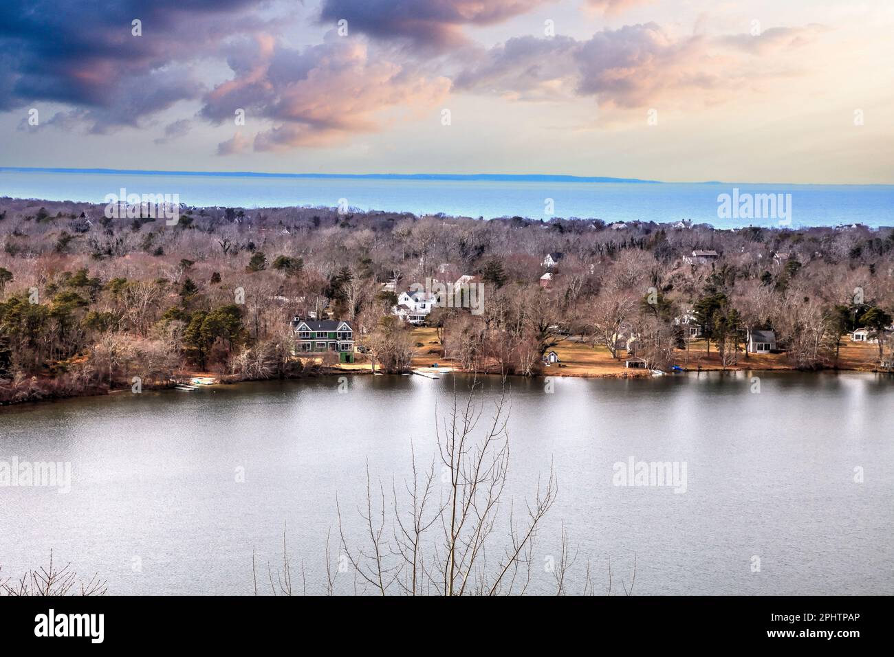 Skyline view of sunrise over Scargo lake and the ocean from the Scargo ...