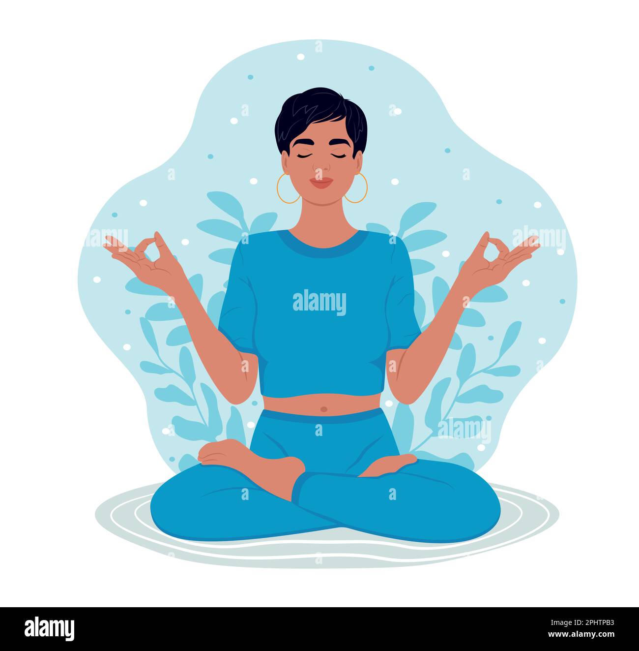 April is Stress Awareness Month. Woman with closed eyes meditating in ...