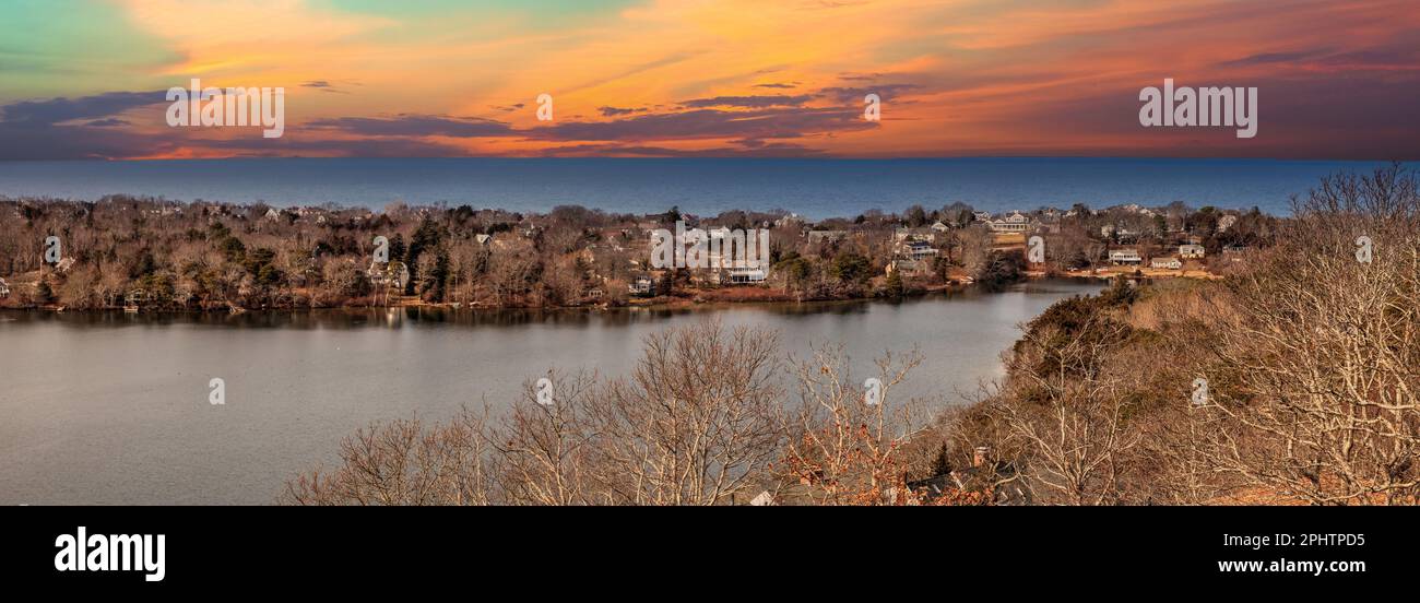 Skyline view of sunrise over Scargo lake and the ocean from the Scargo ...