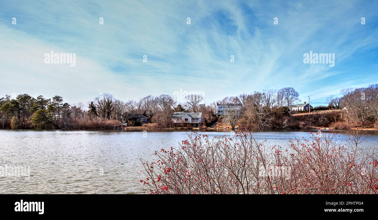 Skyline view of sunrise over Scargo lake and the ocean from the Scargo ...