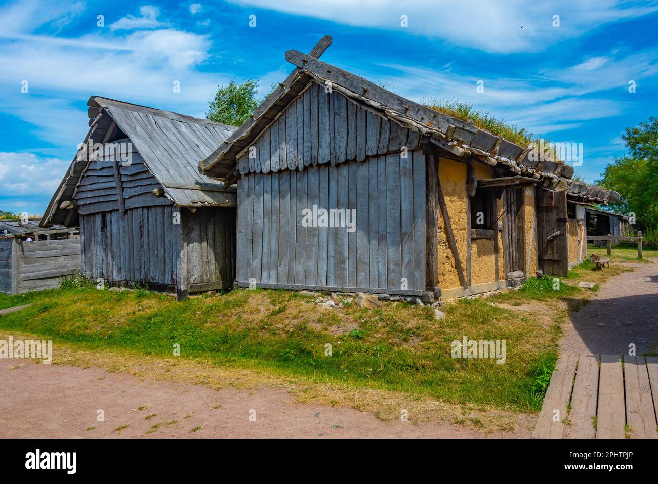Wooden huts at Foteviken viking museum in Sweden Stock Photo - Alamy