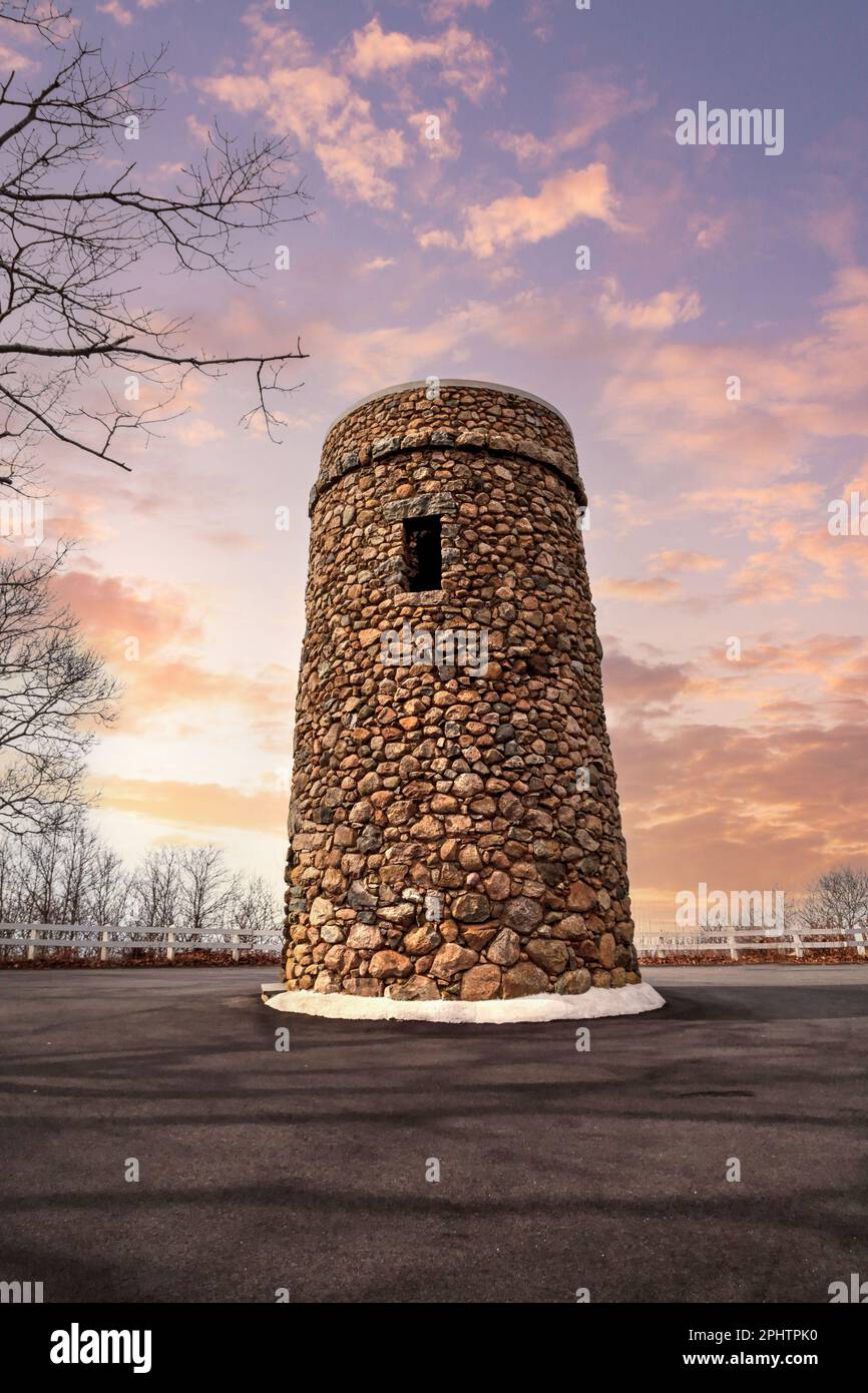 Sunset over Tall cobblestone structure of Scargo Tower in Dennis, Cape ...