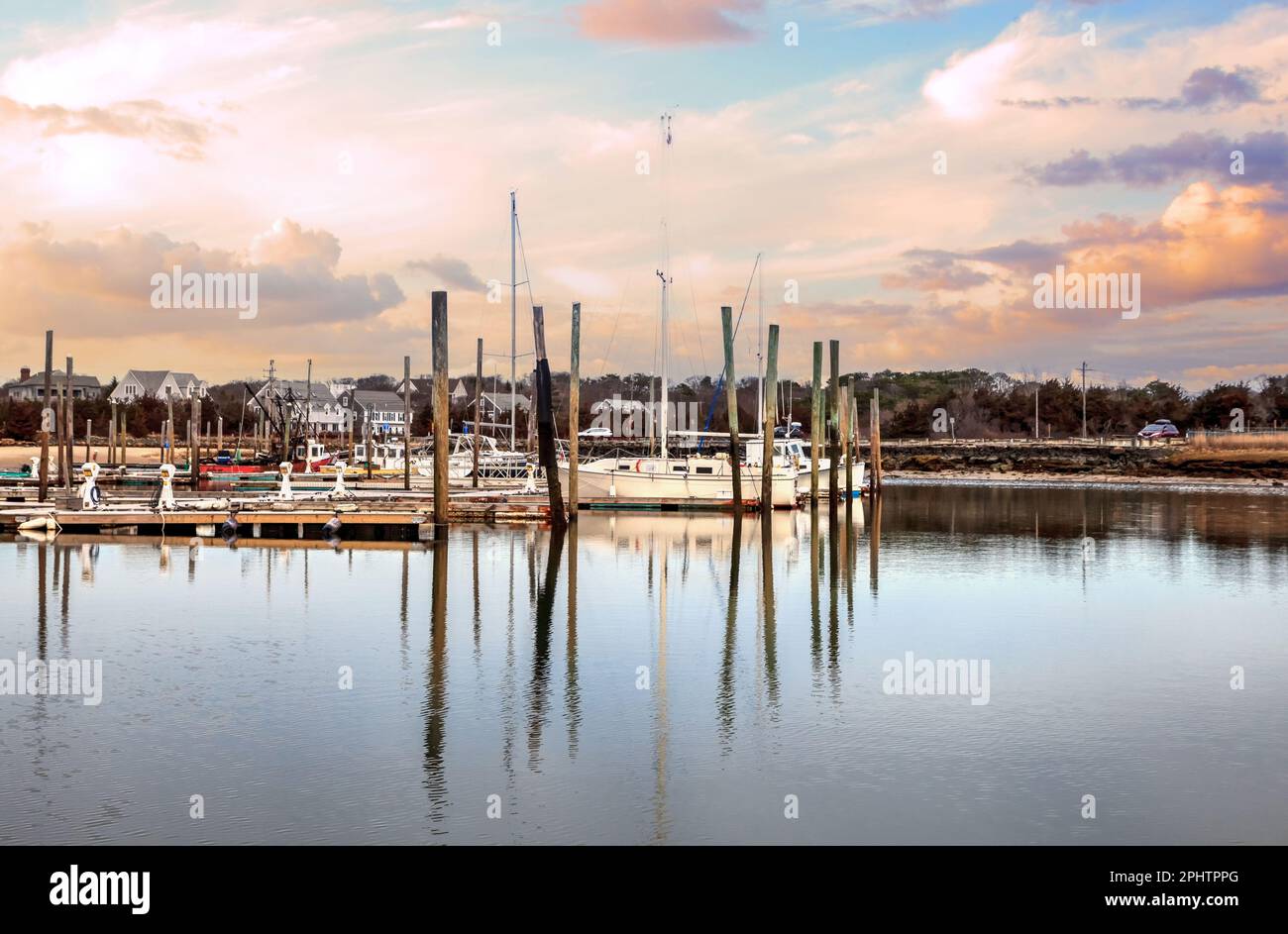 Sunset over the Sesuit Harbor Marina on Cape Cod in East Dennis Stock ...