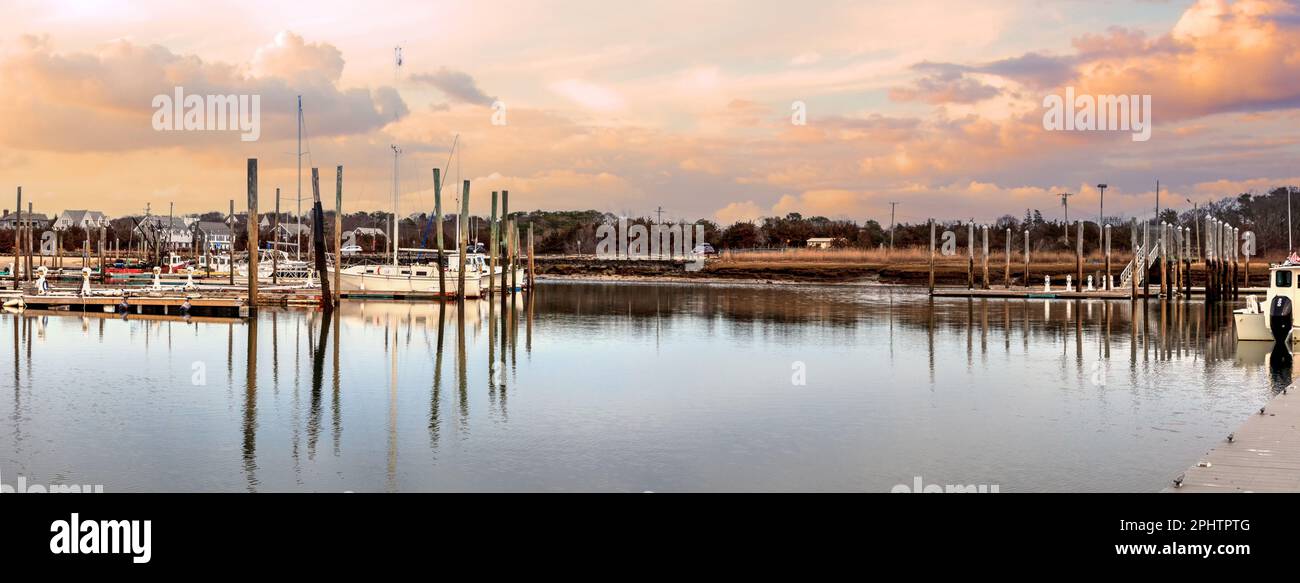 Sunset over the Sesuit Harbor Marina on Cape Cod in East Dennis Stock ...