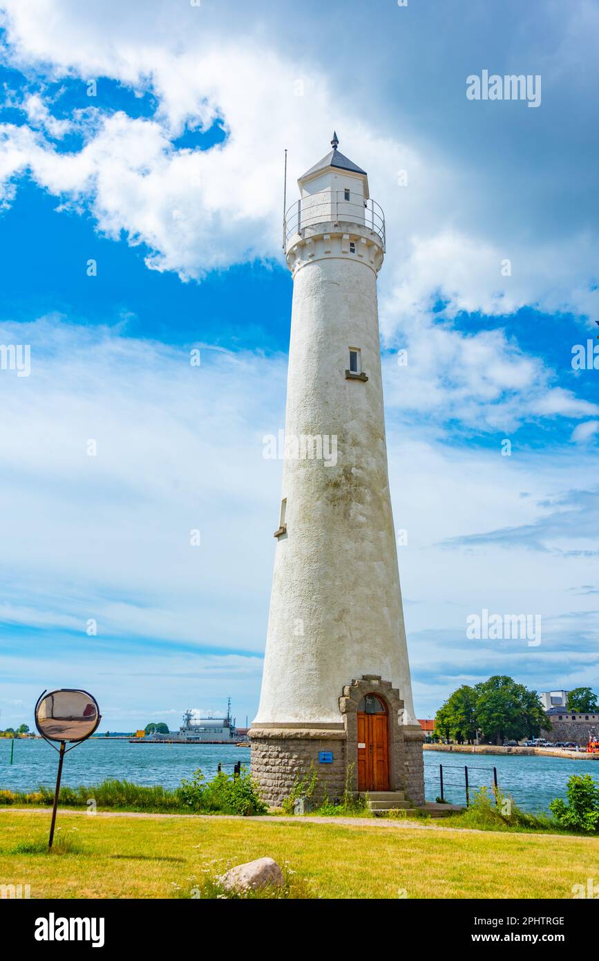 Lighthouse at traditional port buildings in Karlshamn, Sweden Stock ...