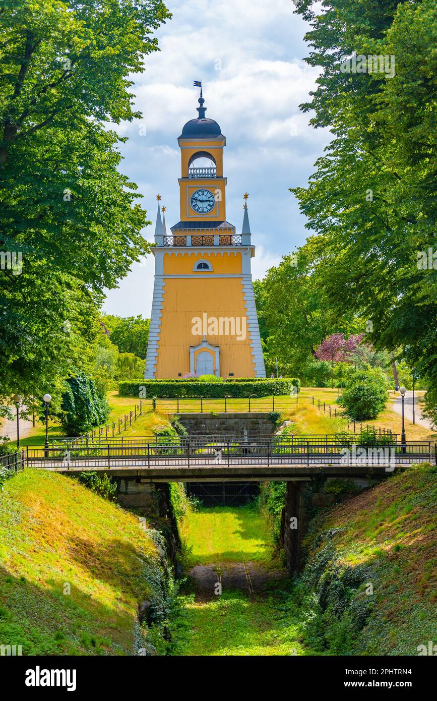 Yellow clock tower in Karlskrona, Sweden Stock Photo - Alamy