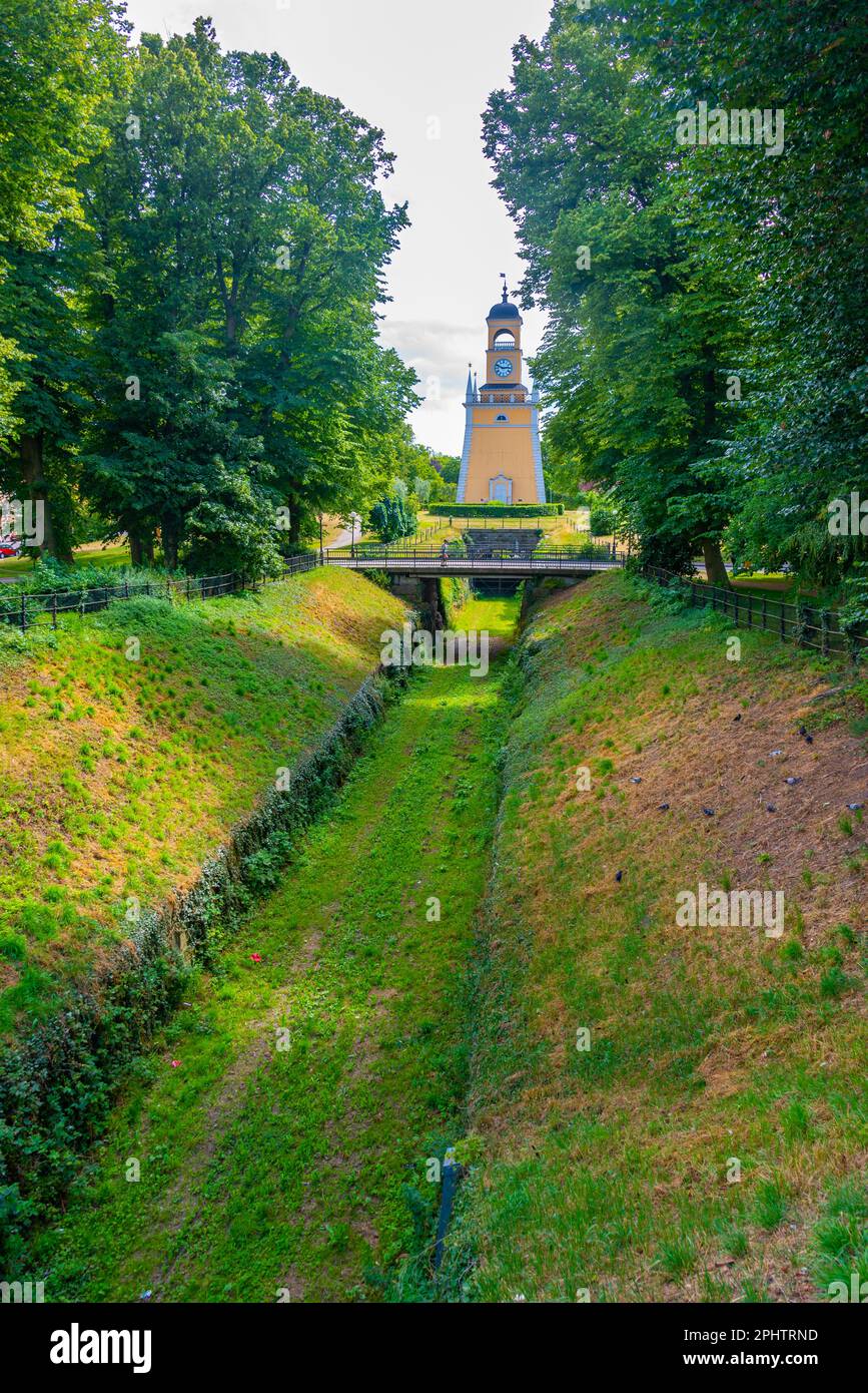 Yellow clock tower in Karlskrona, Sweden Stock Photo - Alamy