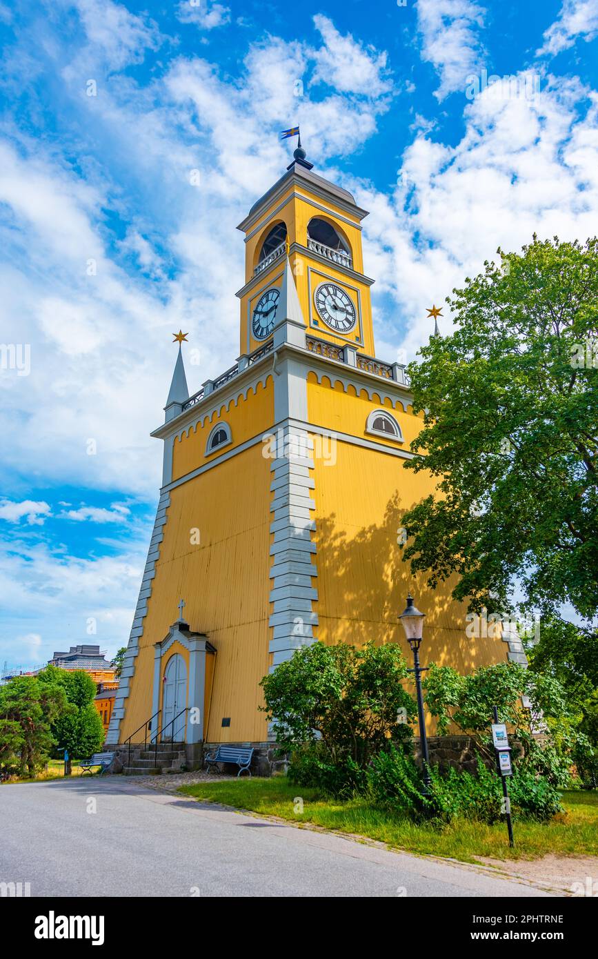Yellow clock tower in Karlskrona, Sweden Stock Photo - Alamy