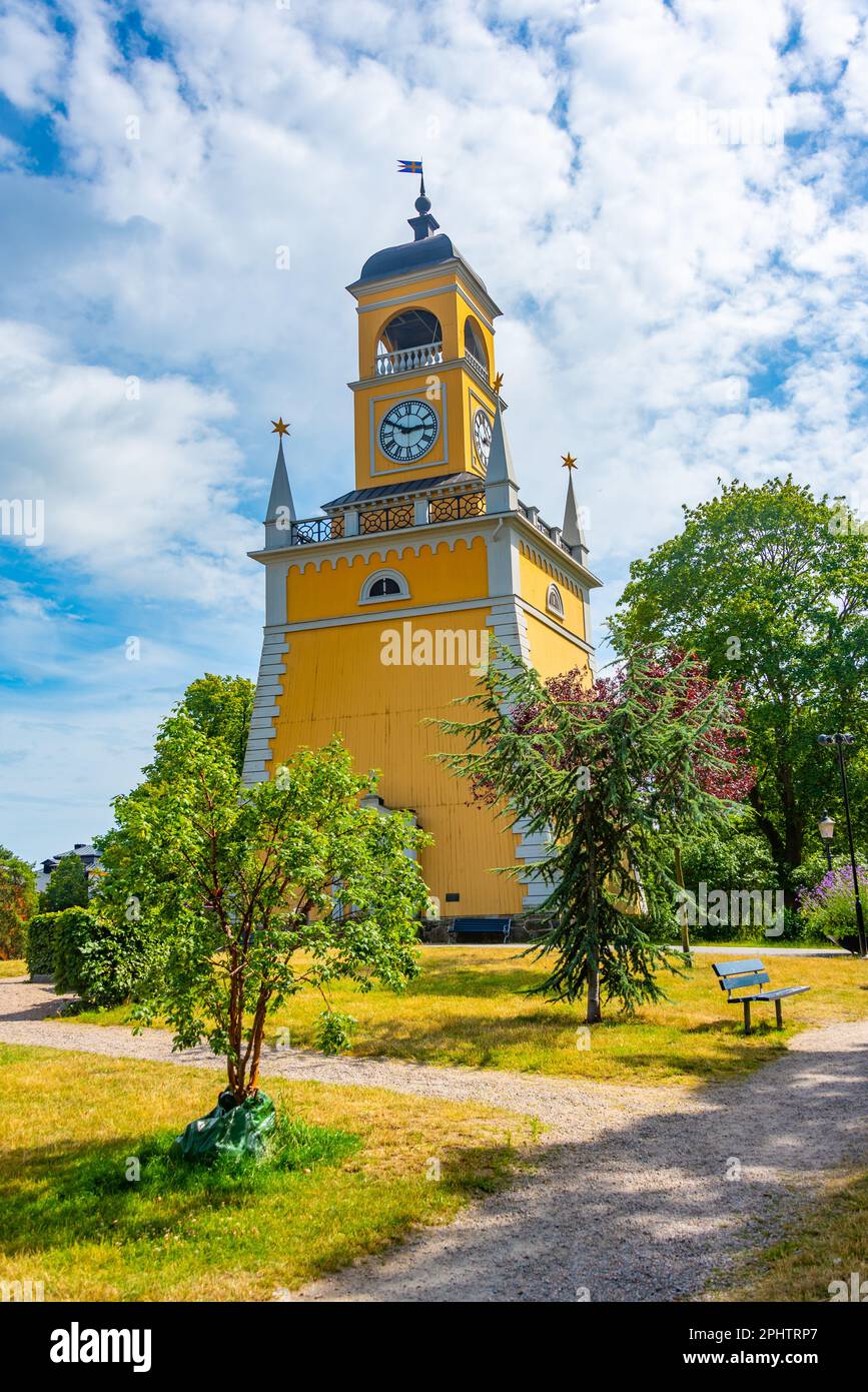 Yellow clock tower in Karlskrona, Sweden Stock Photo - Alamy