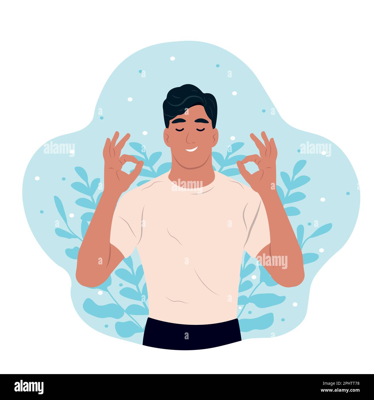 Man with closed eyes meditating. Stress Awareness Month. The concept of ...