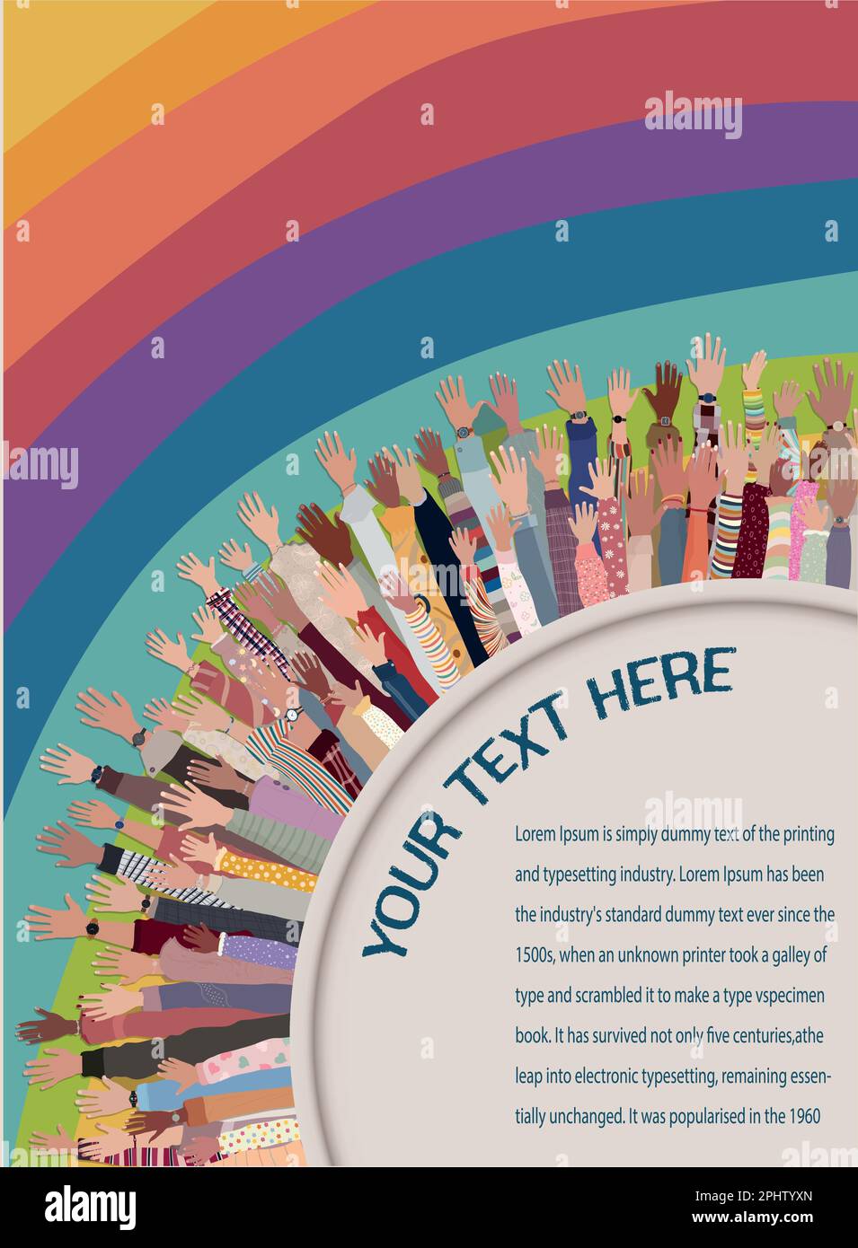 Group raised hands in circle of multicultural and diverse age people ...