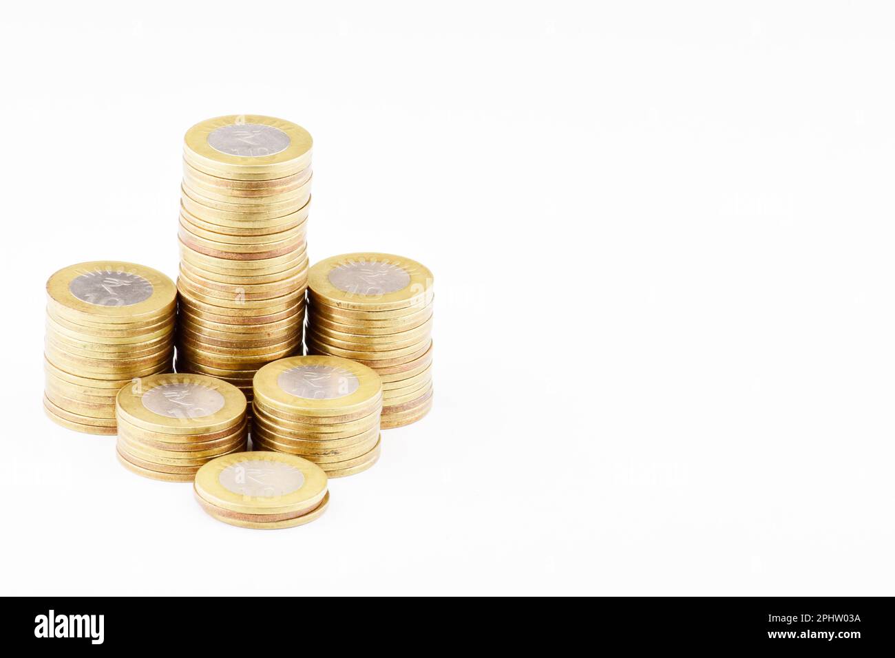 Coin stack isolated on white background with text space Stock Photo - Alamy