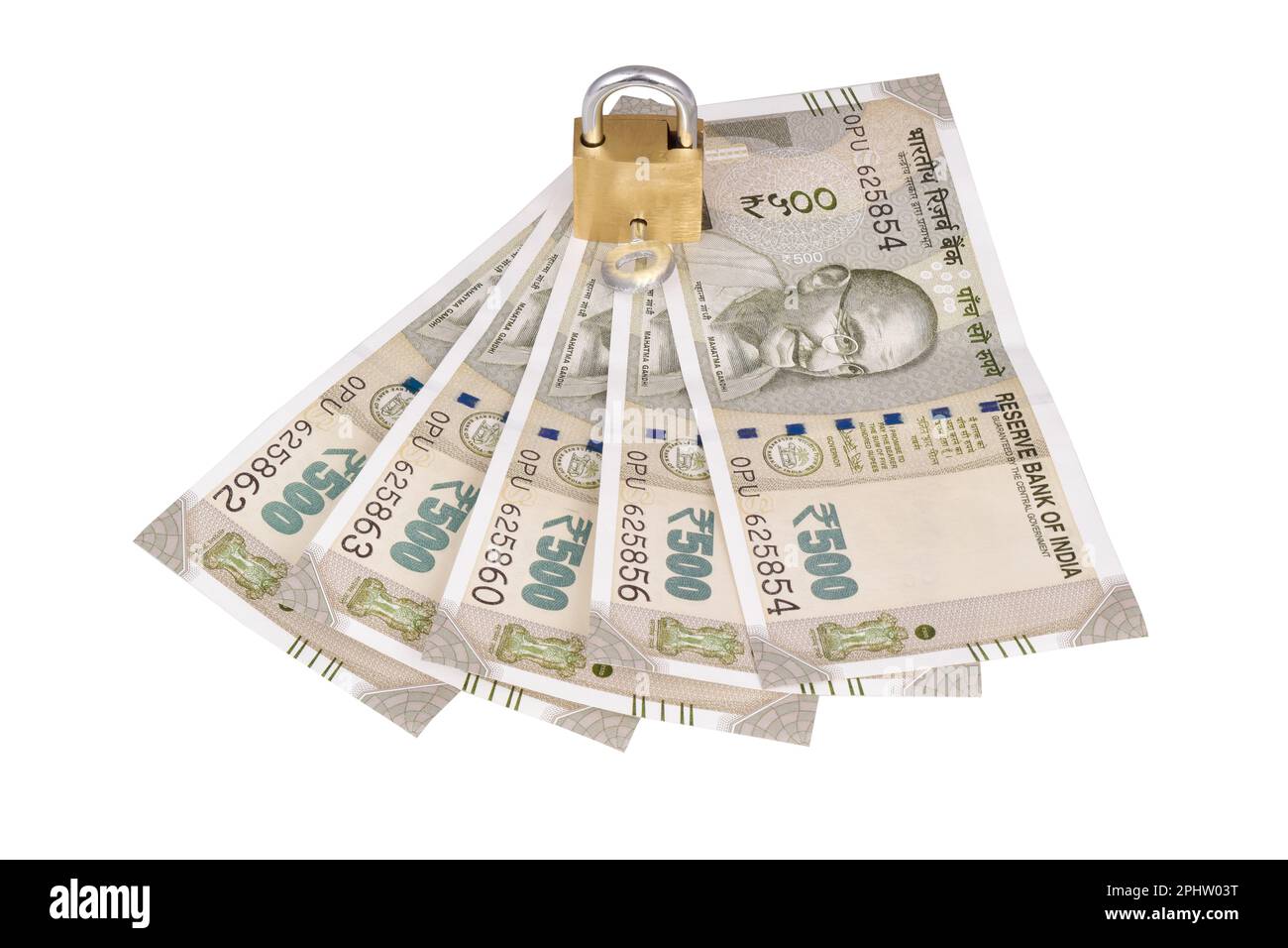 Indian currency note with lock isolated on white background with ...
