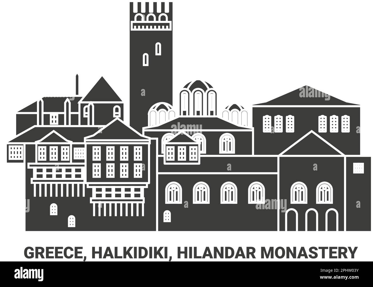 Greece, Halkidiki, Hilandar Monastery travel landmark vector ...