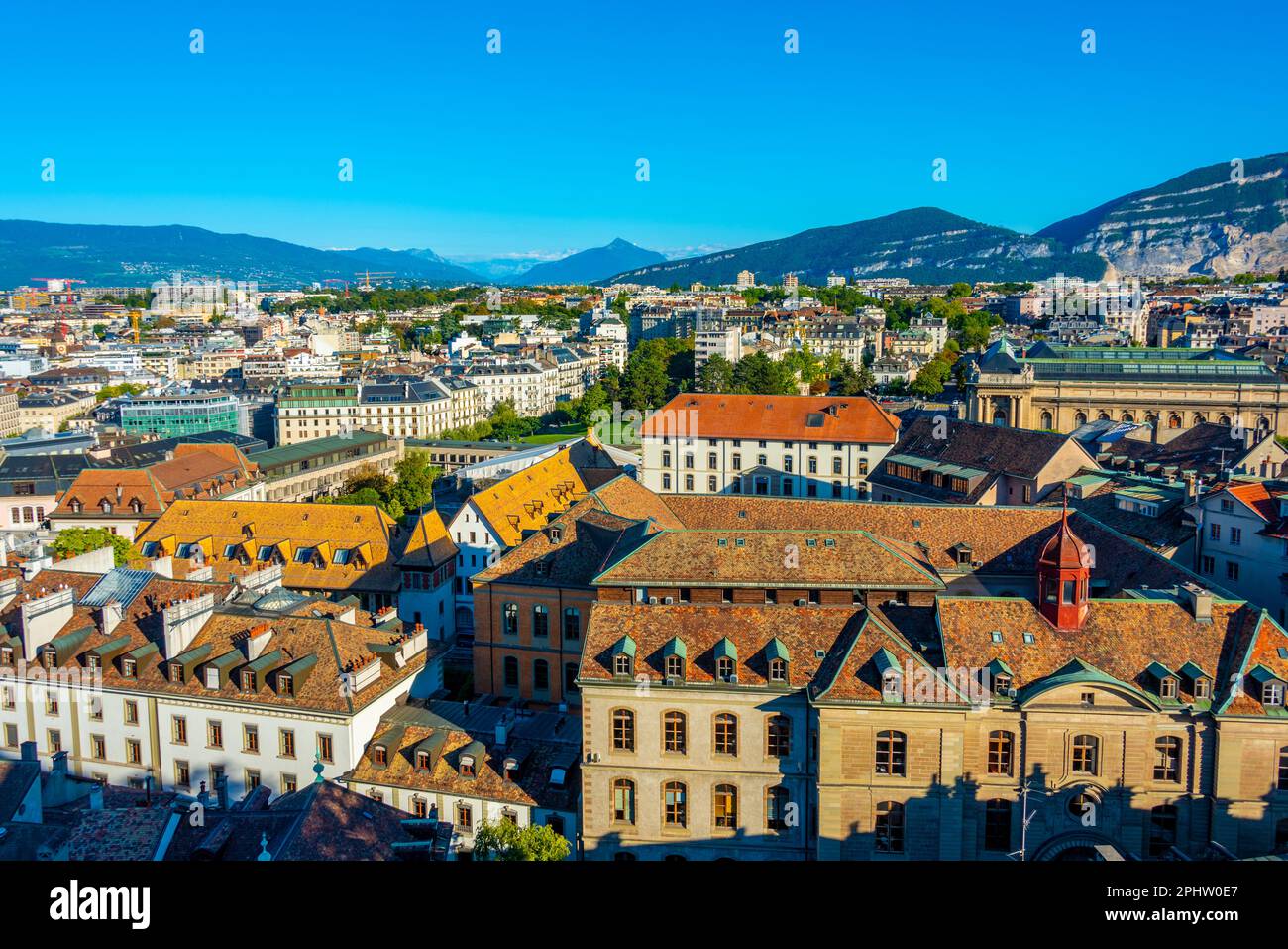 Aerial view of historical buildings in the swiss city Geneva ...