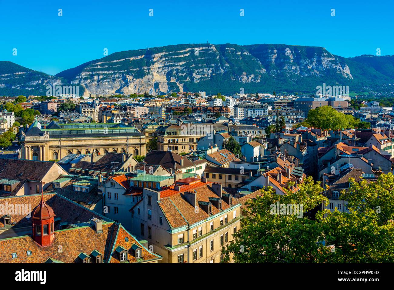 Aerial view of historical buildings in the swiss city Geneva ...