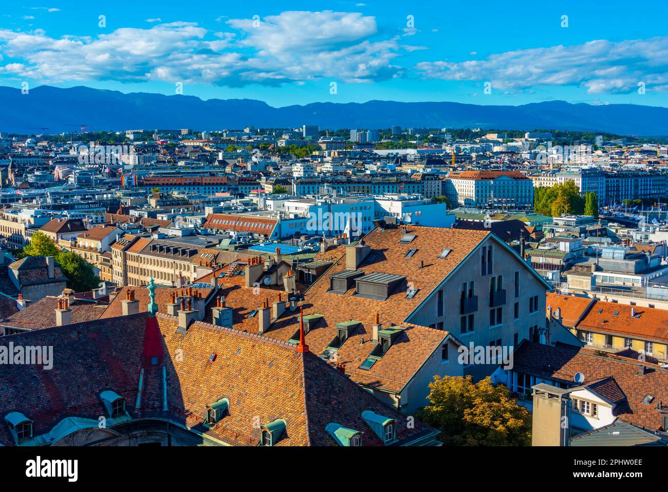 Aerial view of historical buildings in the swiss city Geneva ...