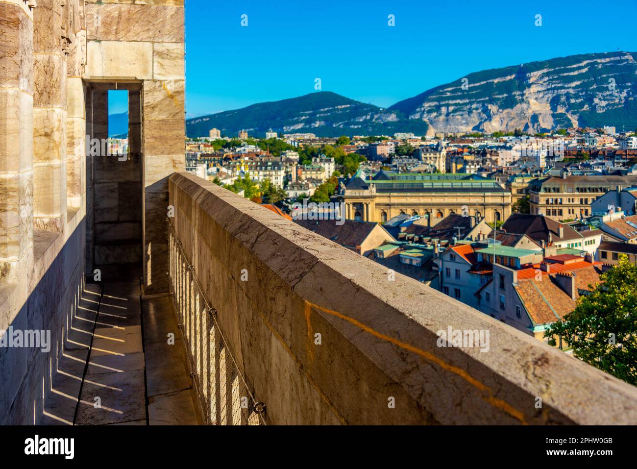 Aerial view of historical buildings in the swiss city Geneva ...