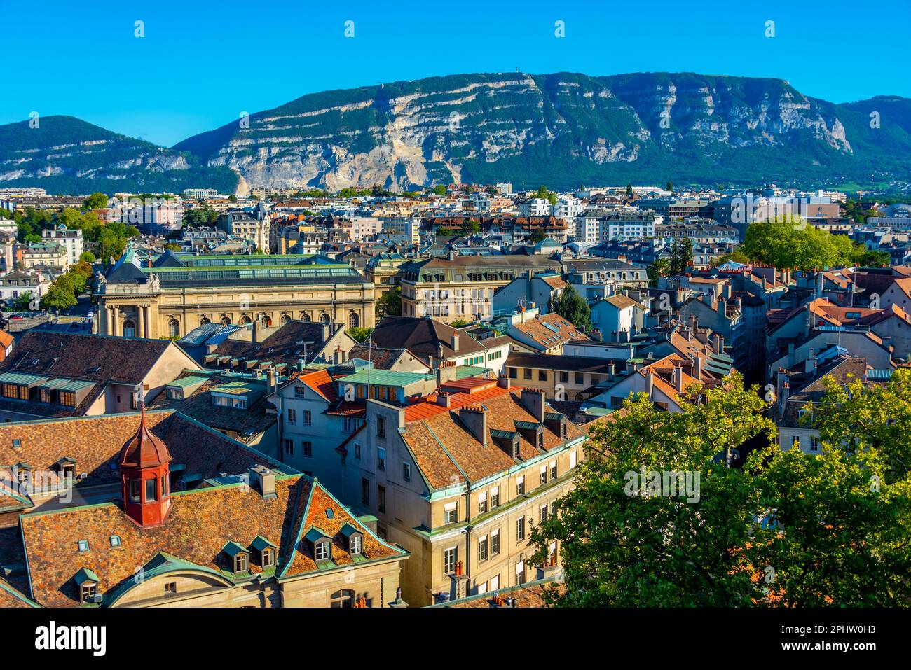 Aerial view of historical buildings in the swiss city Geneva ...