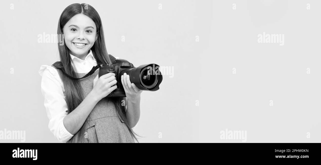 cheerful child girl take photo with digicam, photography. Child ...
