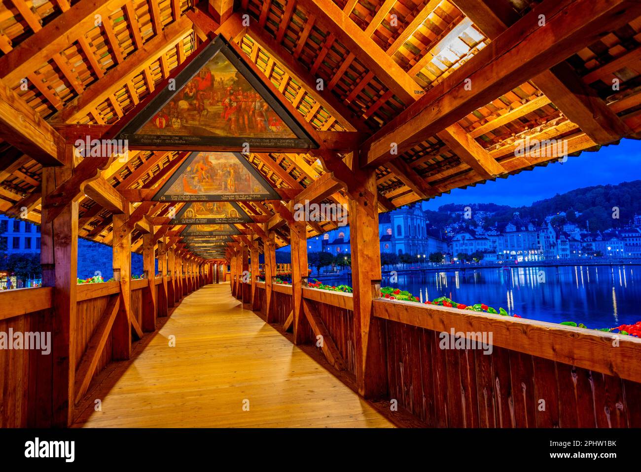 Night view of decoration of Kapellbruecke at Swiss town Luzern Stock ...