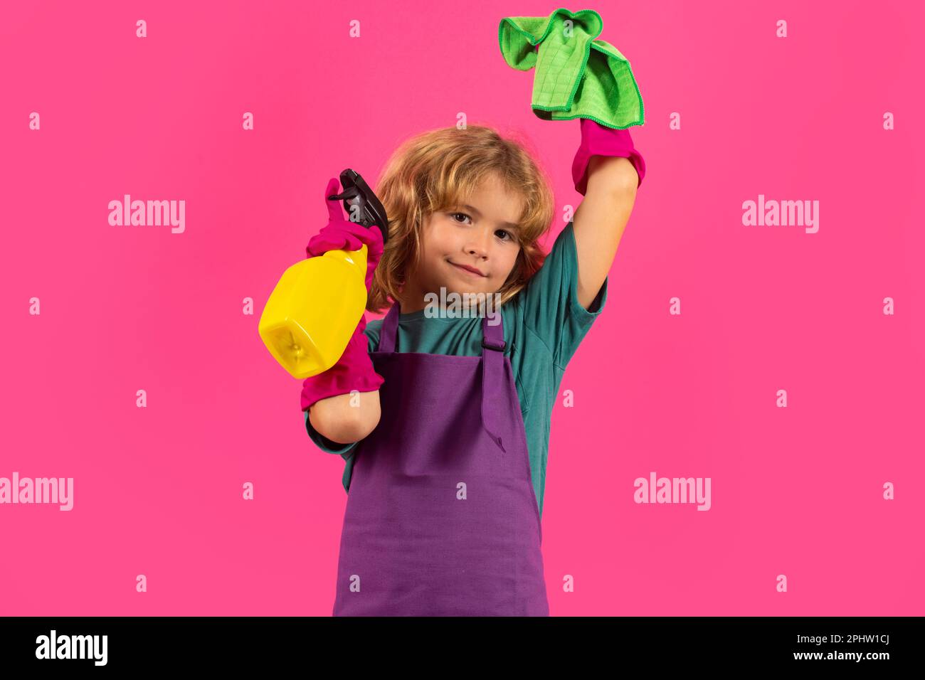 Cleaning house. Studio isolated portrait of child mopping house ...