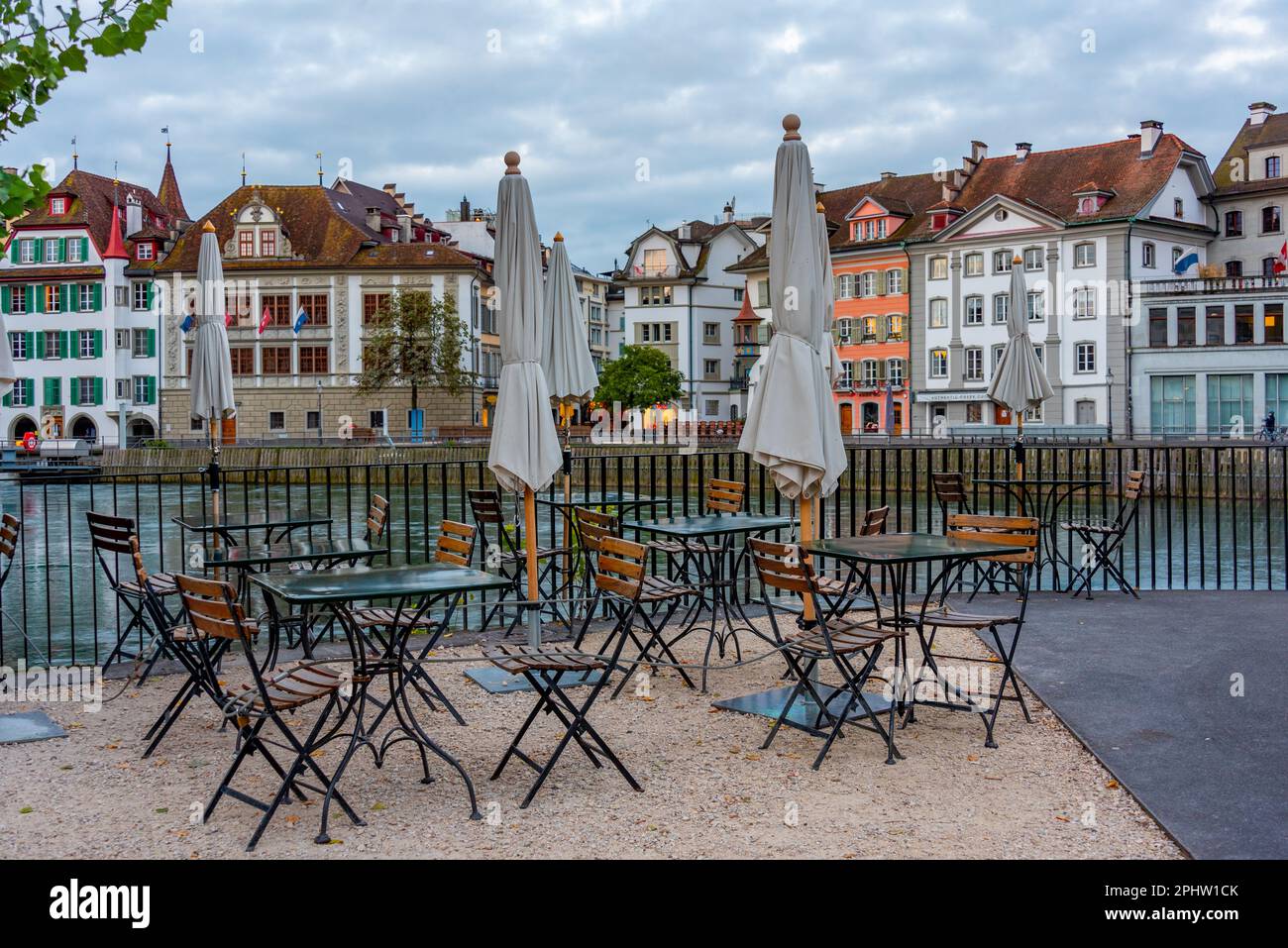 Restaurant with a view of Swiss town Luzern Stock Photo - Alamy