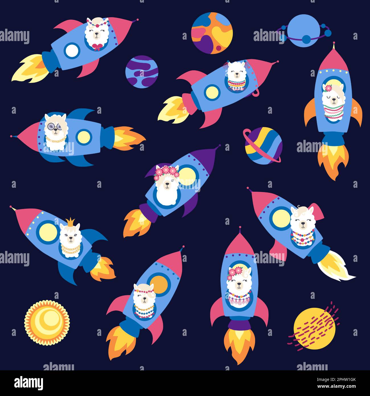 Llama in a rocket, in space set of animals characters. Lama travels ...