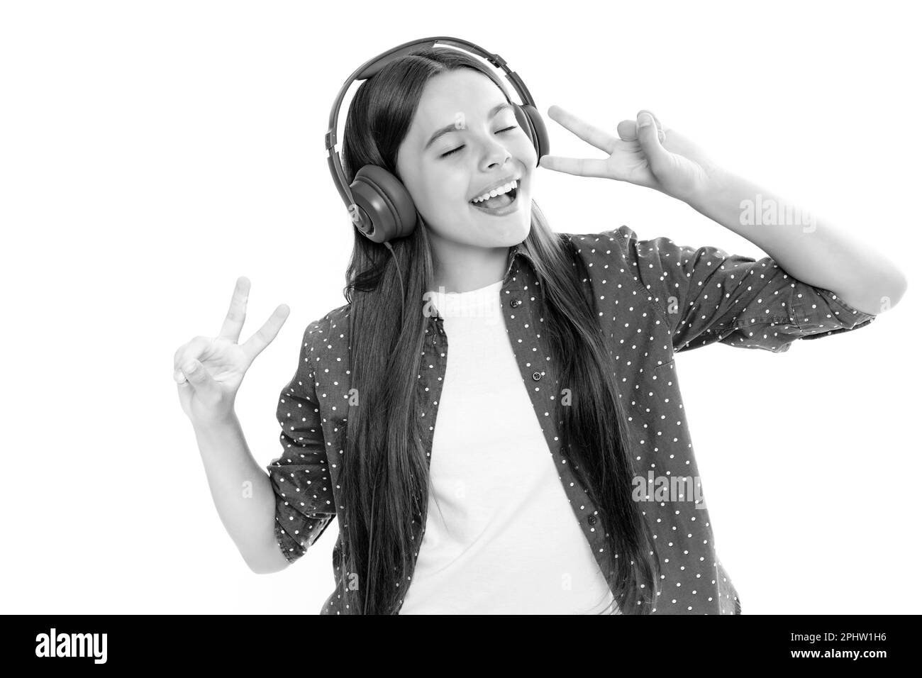 Child music concept. Teenager child girl dances in rhythm of melody ...