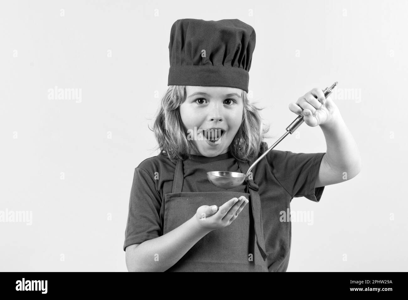 Funny kid chef cook with kitchen ladle, studio portrait. Cooking ...