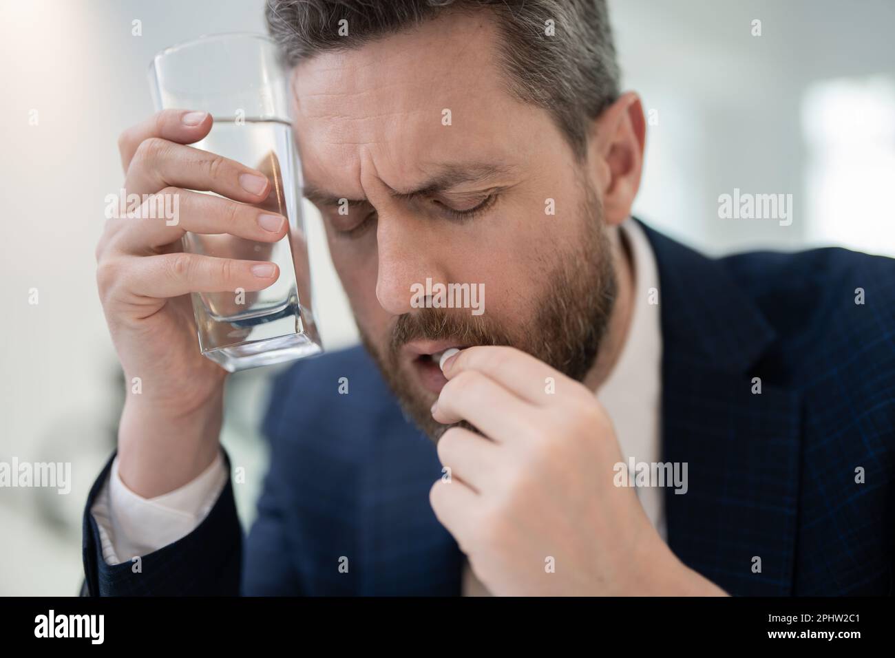 Head pain concept. Cephalalgia and migraine. Man with sinus headache ...