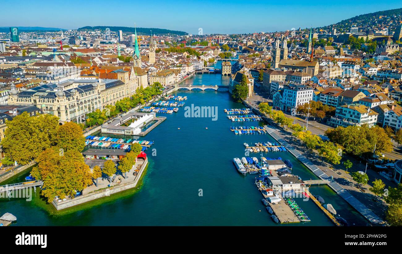 Aerial view of riverside of Swiss river Limmat in Zuerich Stock Photo ...