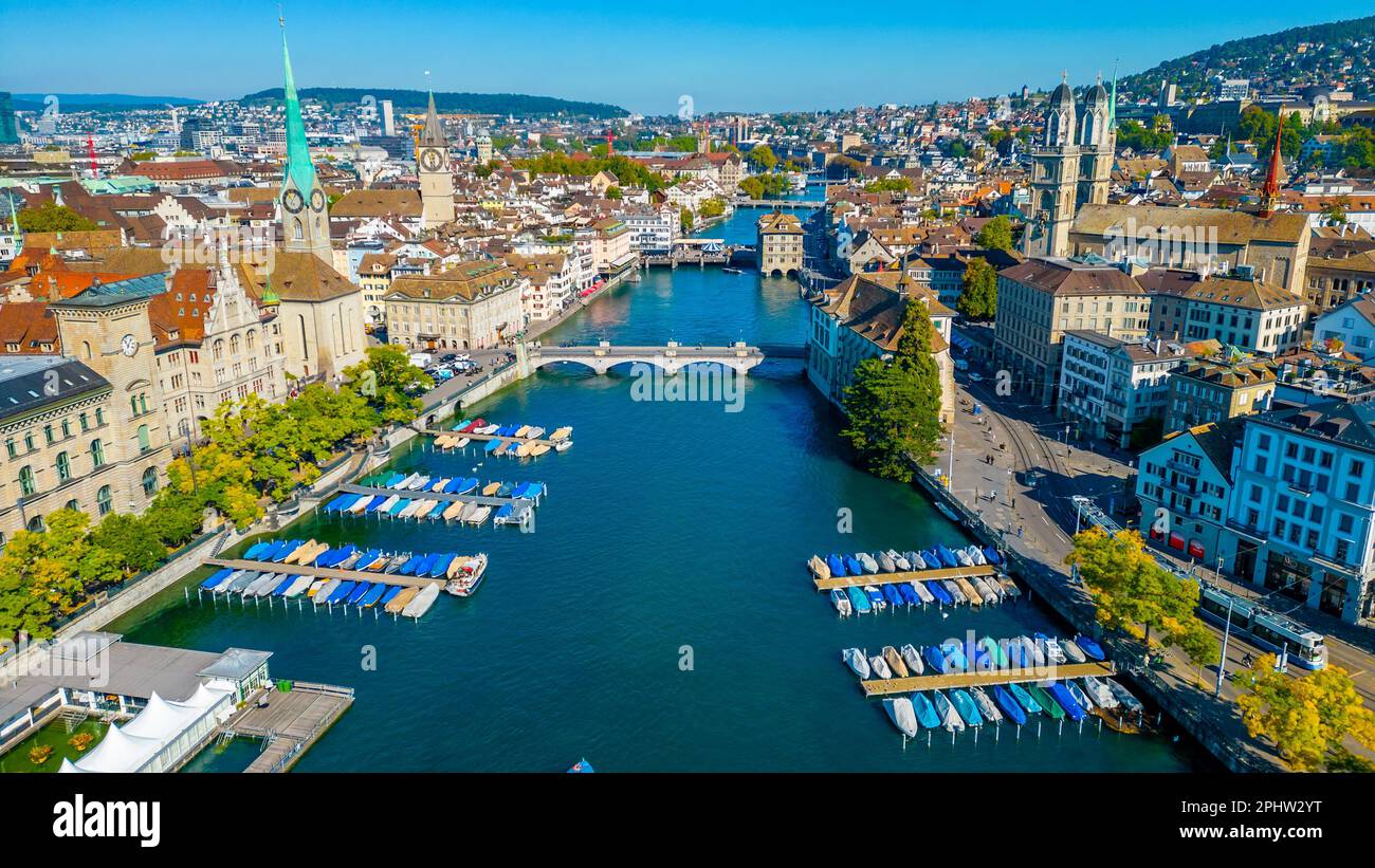 Aerial view of riverside of Swiss river Limmat in Zuerich Stock Photo ...