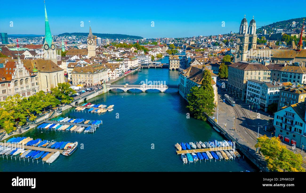 Aerial view of riverside of Swiss river Limmat in Zuerich Stock Photo ...
