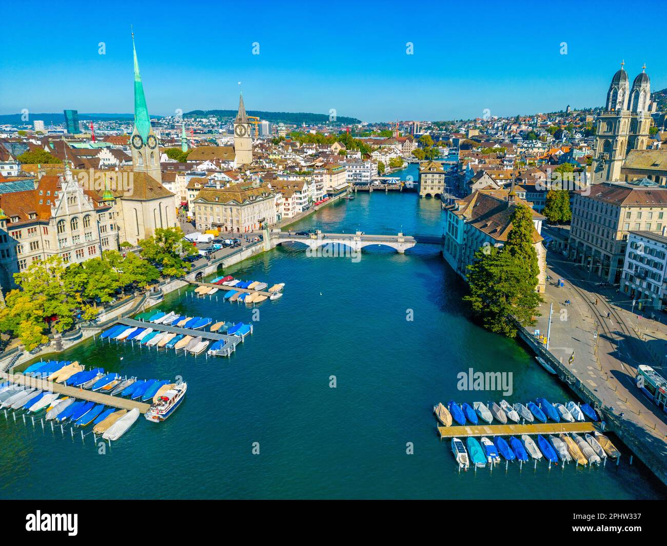 Aerial view of riverside of Swiss river Limmat in Zuerich Stock Photo ...