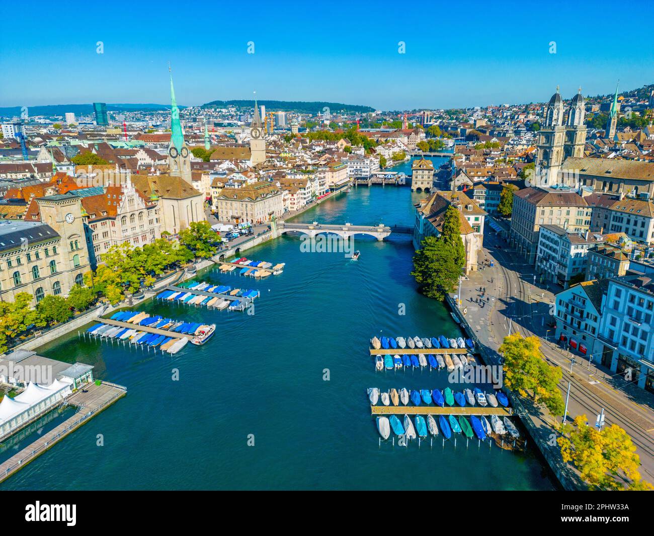 Aerial view of riverside of Swiss river Limmat in Zuerich Stock Photo ...